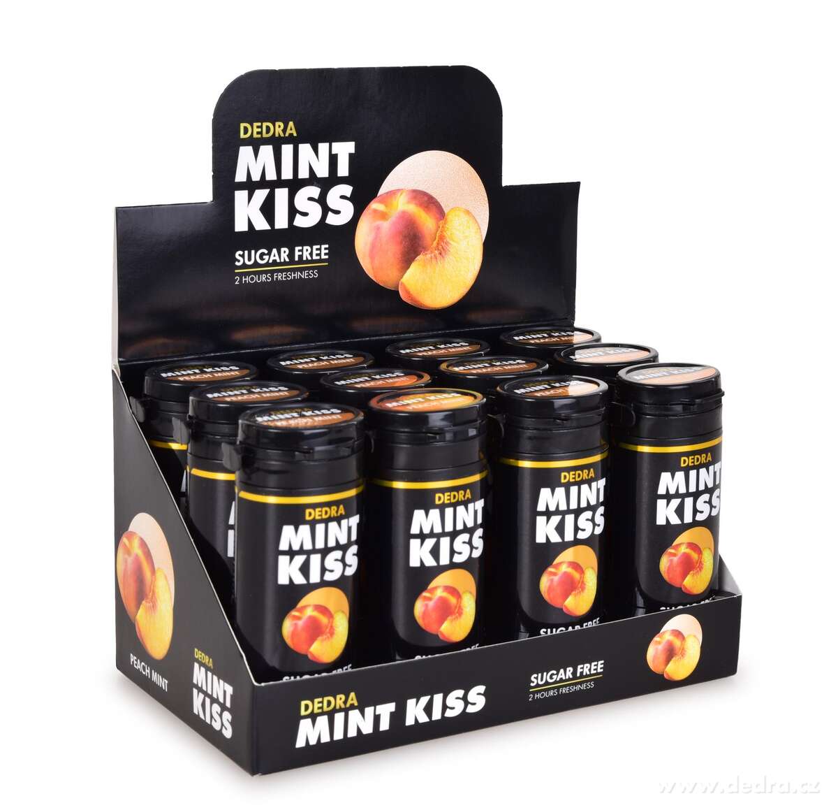 Sada 12 ks mátové osvěžující pastilky bez cukru MINT KISS, peach mint ...