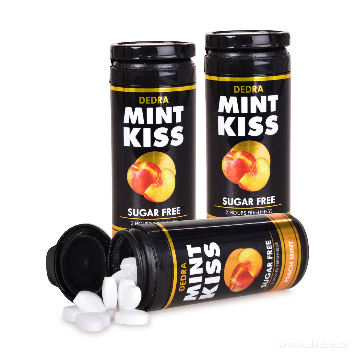 Sada 2+1 mátové osvěžující pastilky bez cukru MINT KISS, peach mint ...